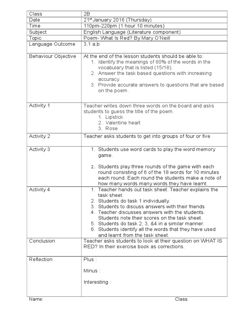 Lesson Plan Literature Form 2 | PDF | Human Communication ...