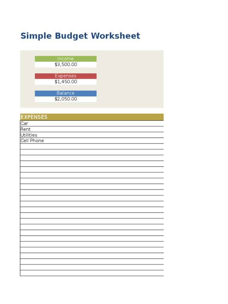 Simple Budget Worksheet: Expenses | PDF