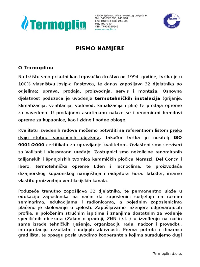 Termoplin Pismo Namjere | PDF