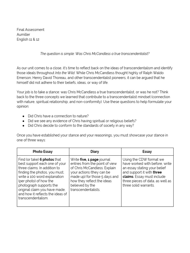 McCandless: A True Transcendentalist? | PDF