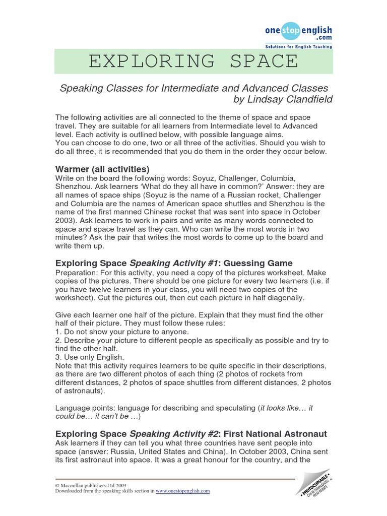 Exploring Space: Speaking Classes For Intermediate and Advanced Classes ...