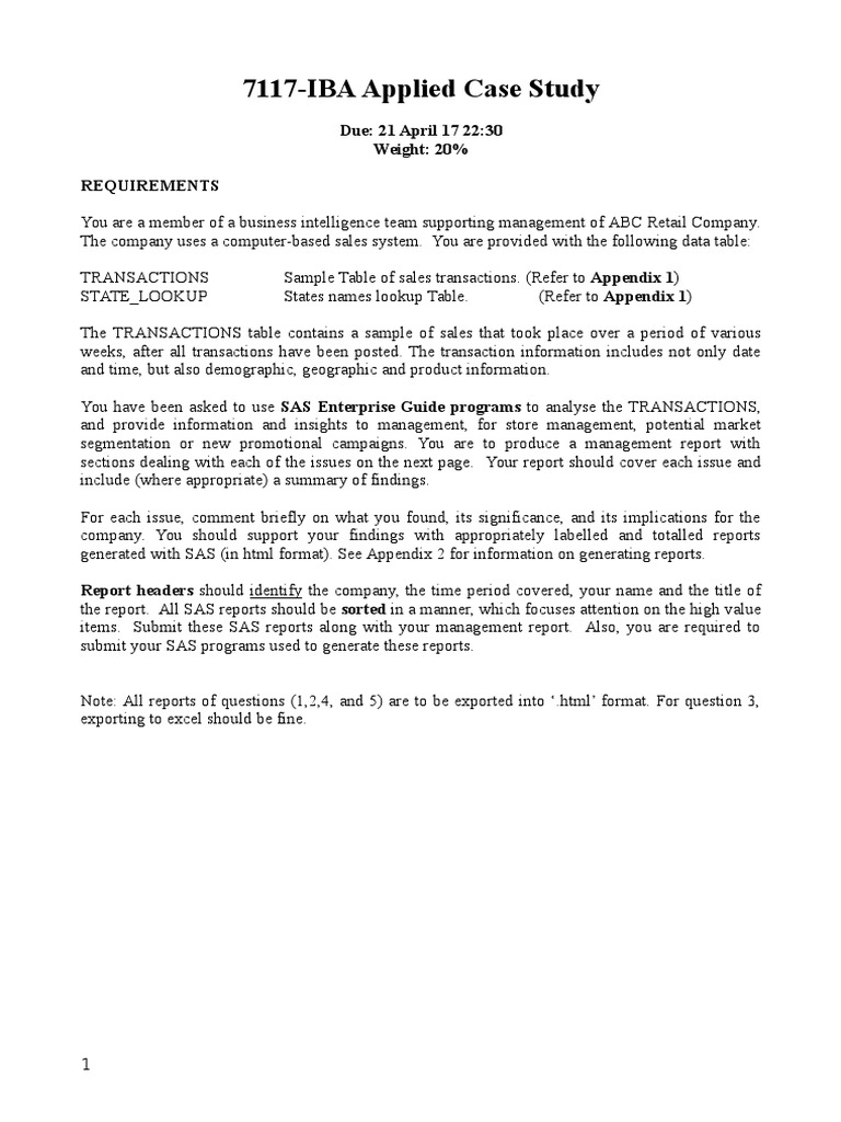 7117 - IBA Applied Case Study S1 2017 Final | PDF | Sas (Software ...