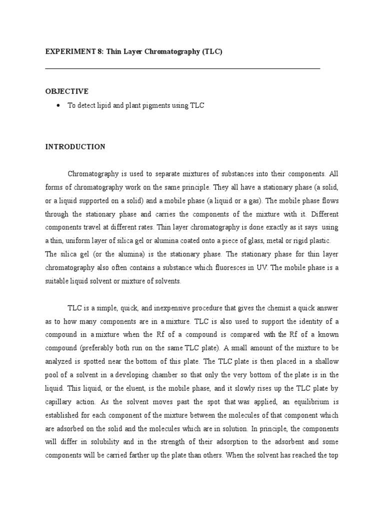 TLC Experiment Detects Lipids and Plant Pigments | PDF | Thin Layer ...