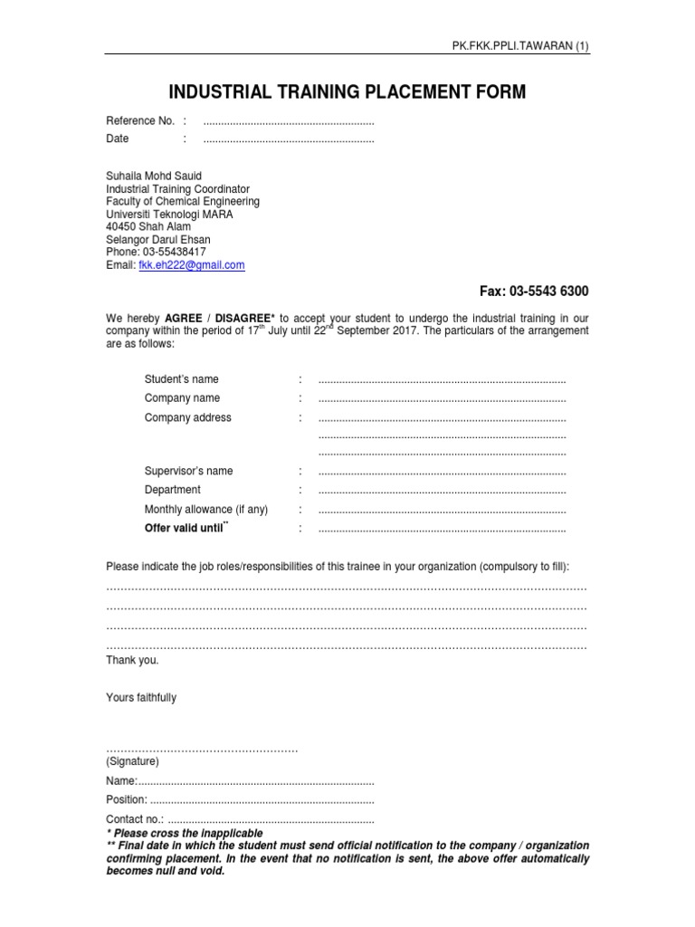 Industrial Training Placement Form: Offer Valid Until | PDF
