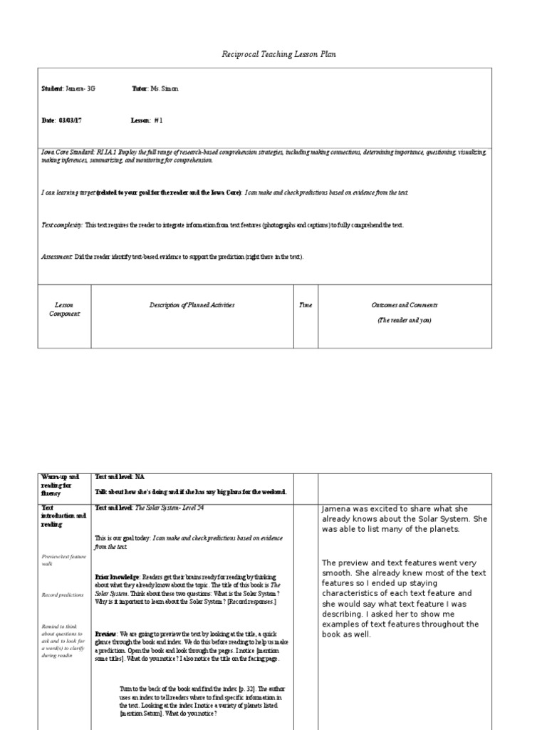 Reciprocal Teaching Lesson Plan: Student: Jamera-3G Tutor: Ms. Simon ...