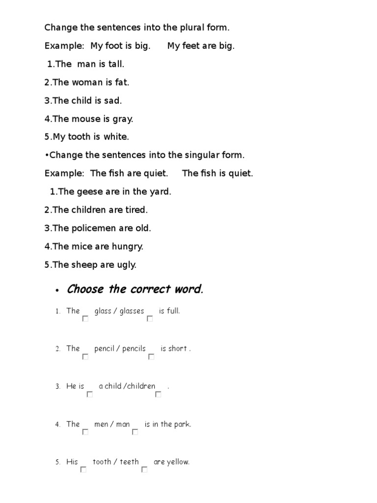 Change The Sentences Into The Plural Form | PDF