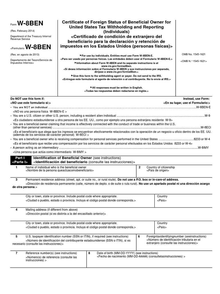 W8ben Form Español | PDF | Irs Formas fiscales | Pagos