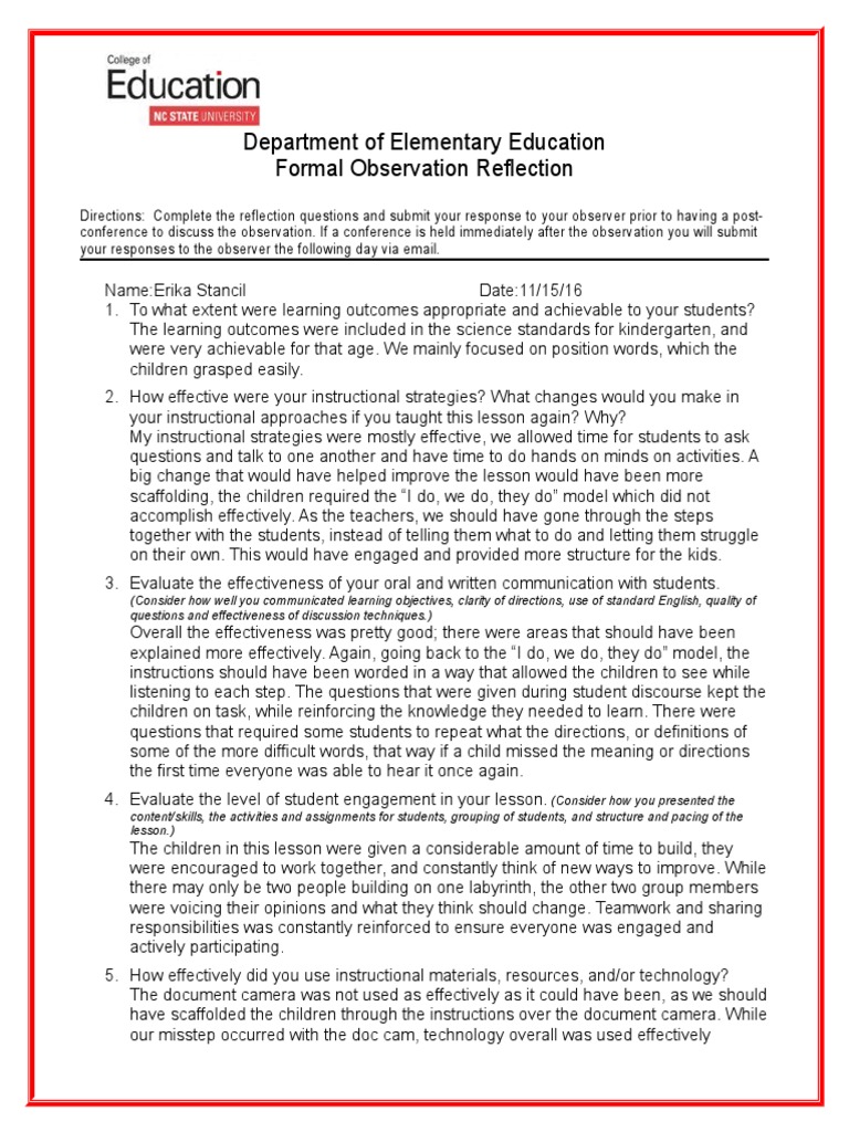 Department of Elementary Education Formal Observation Reflection | PDF ...