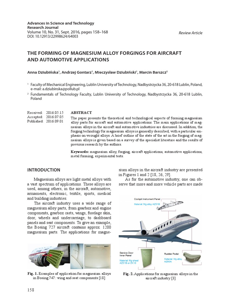 The Forming of Magnesium Alloy Forgings For Aircraft and Automotive ...