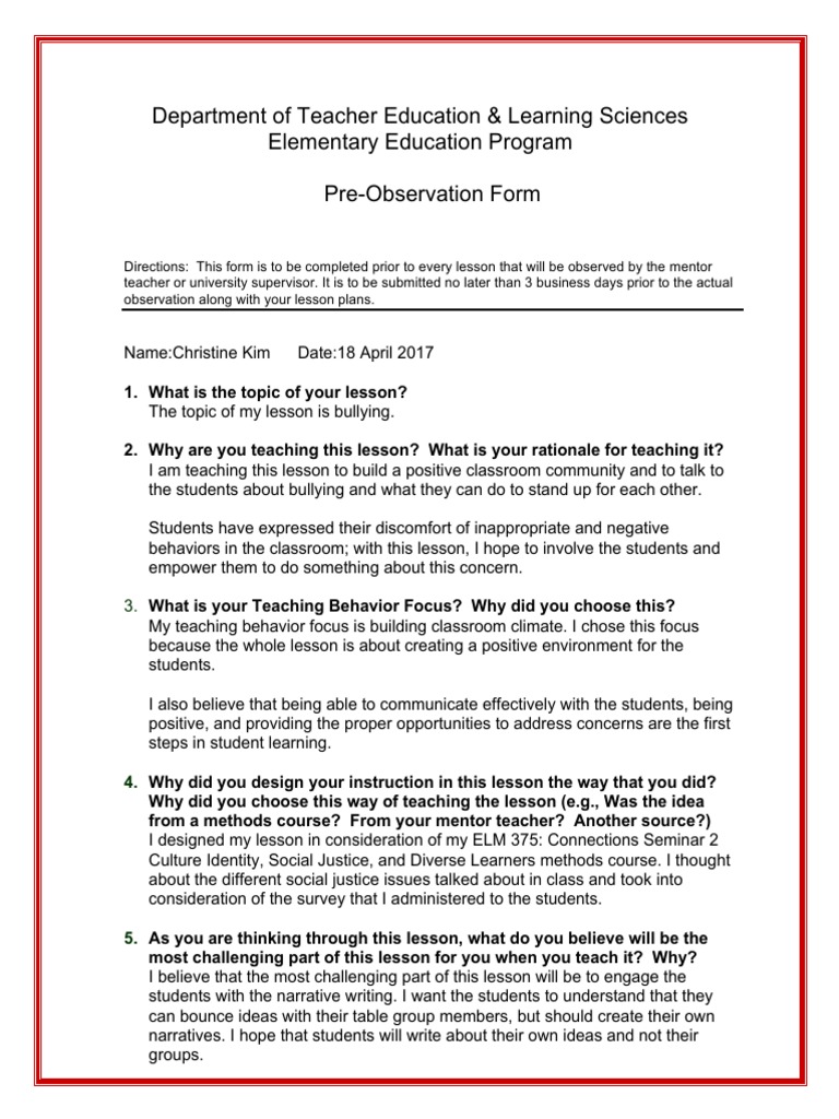 Pre Observation Form | PDF | Classroom | Teachers