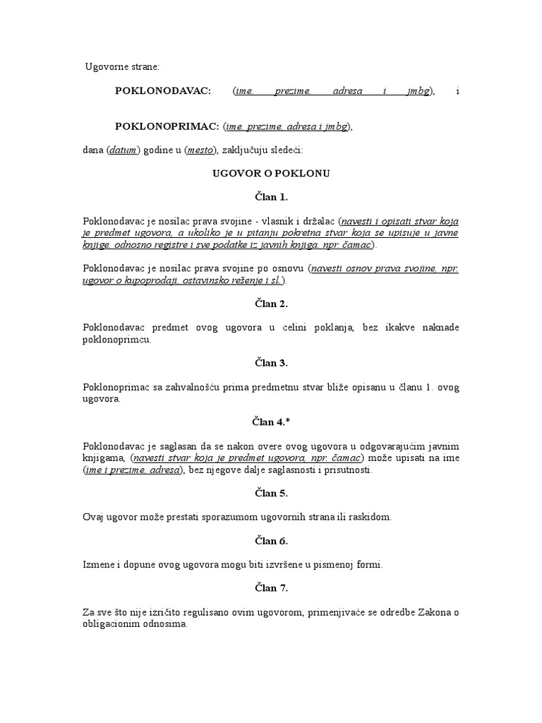 Ugovor o Poklonu Pokretne Stvari | PDF