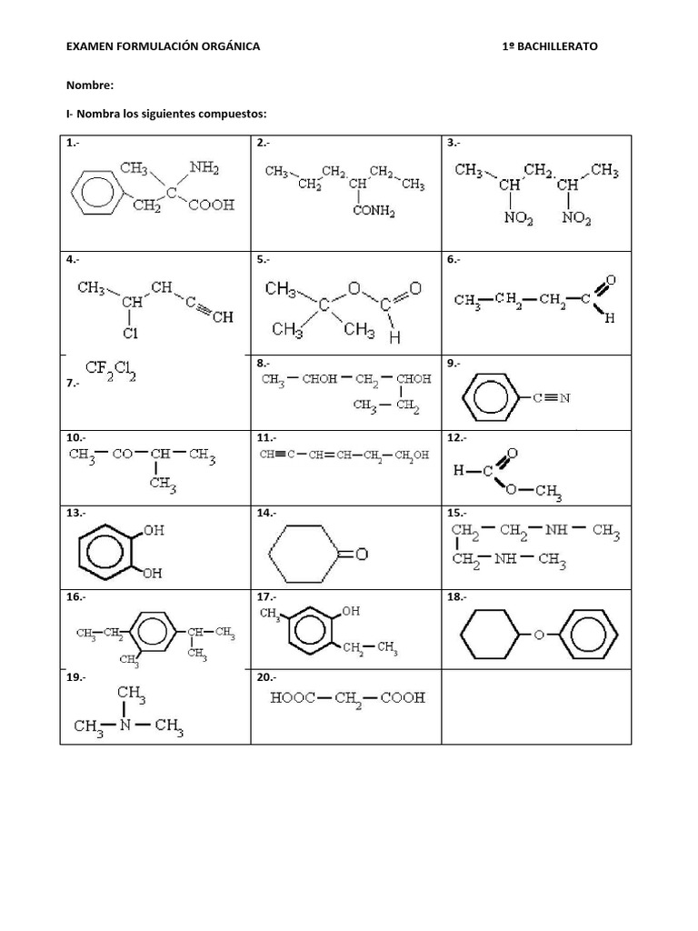 Examen de Formulación Orgánica 1º Bachillerato | PDF | Salud y ...