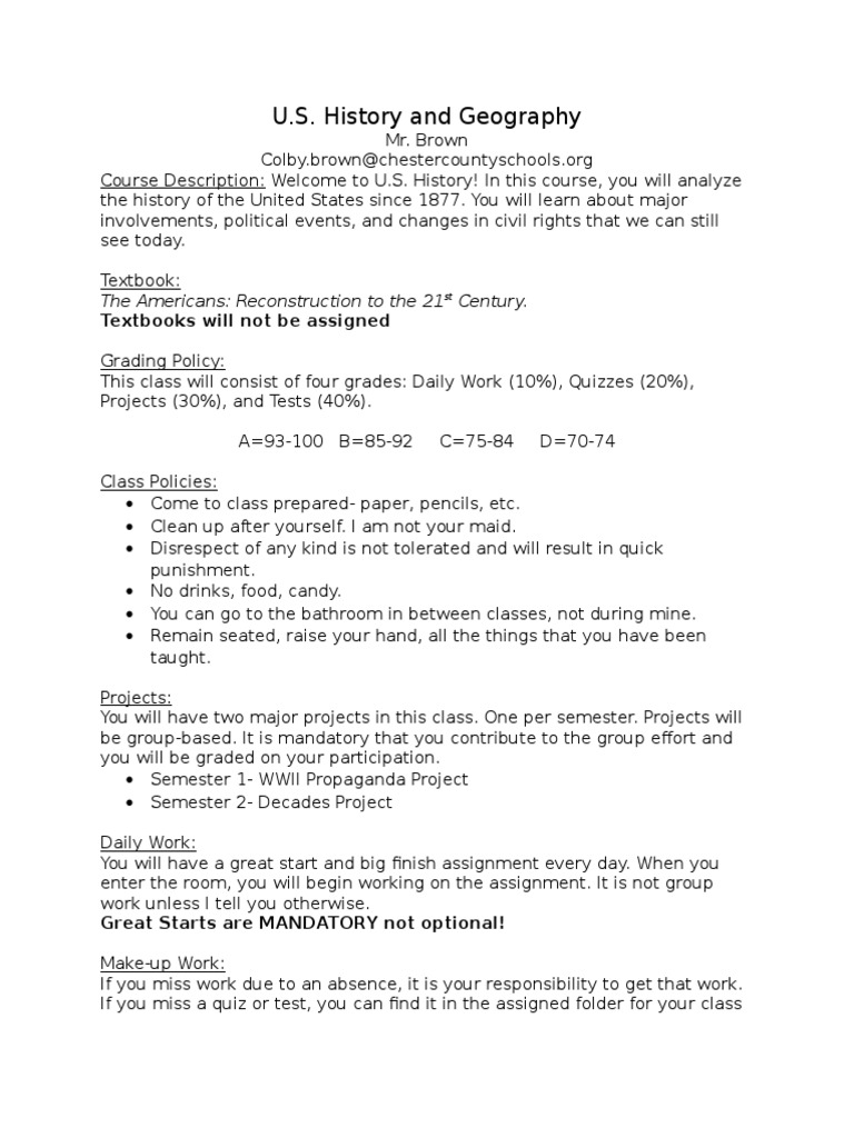U S History Syllabus 2017 | PDF | Wellness