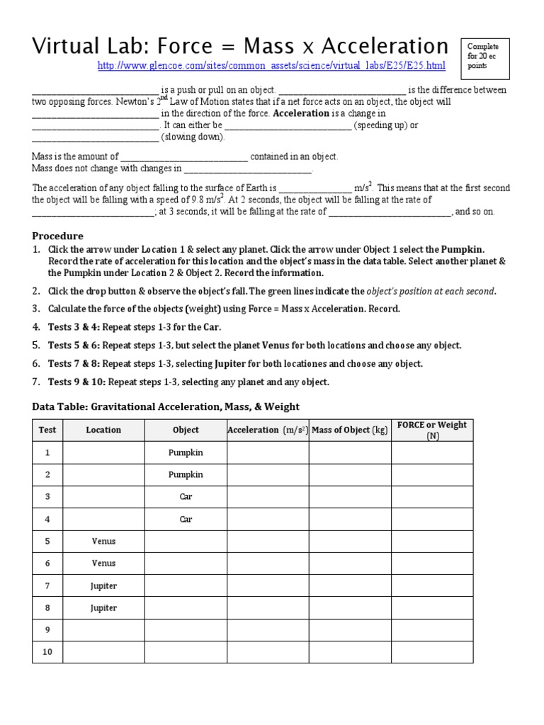 Virtual Lab For Newtons Law 4 20 17 | PDF | Mass | Gravity