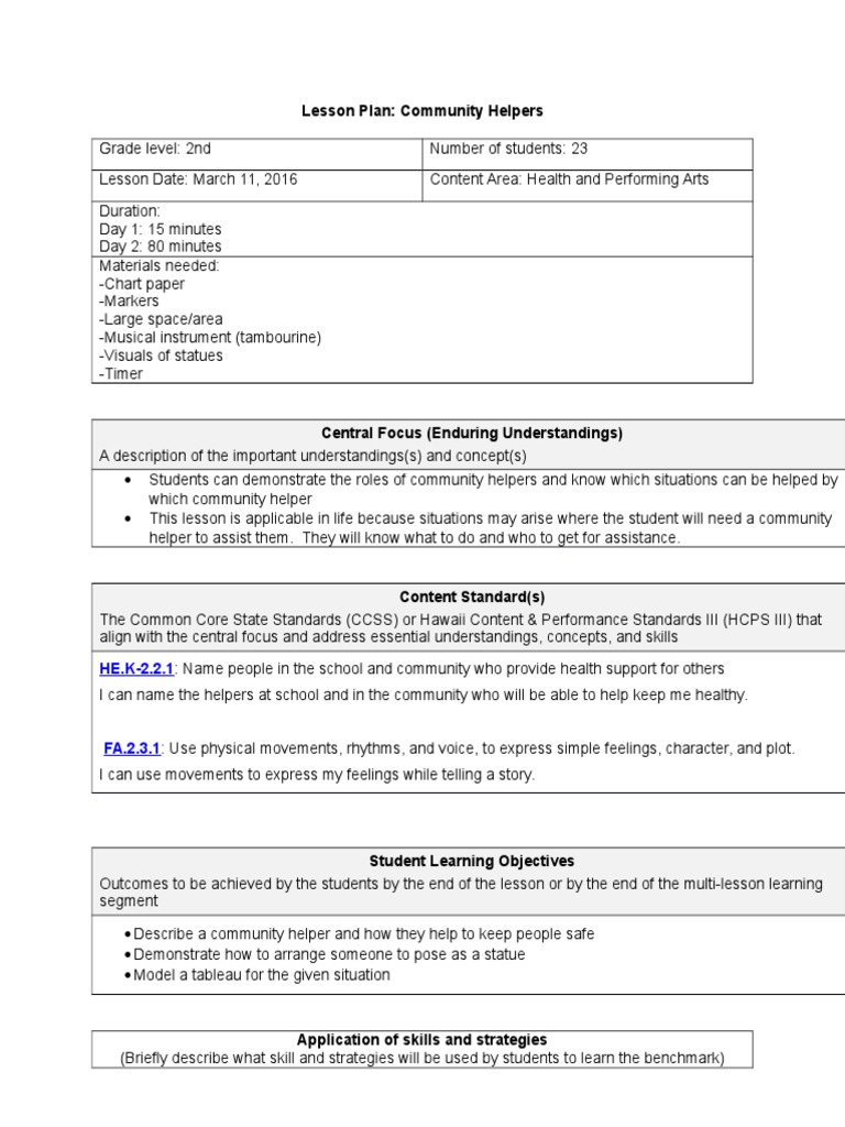 Community Helpers Lesson Plan for Grade 2 | PDF | Educational ...