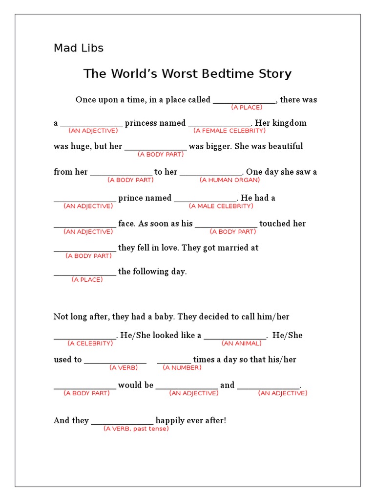 The World's Worst Bedtime Story: Mad Libs | PDF | Language Arts ...