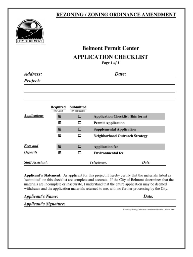 Belmont Permit Center Application Checklist: Address: Date: Project ...