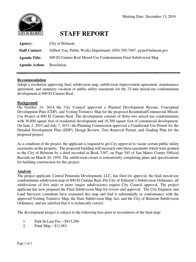 Staff Report (Subdivision) | PDF | Covenant (Law) | Easement