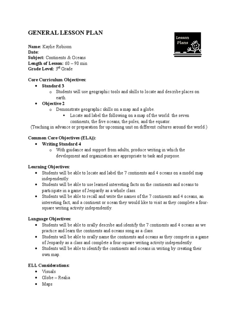 Continents and Oceans Lesson - With Ell Modifications | PDF | Map ...