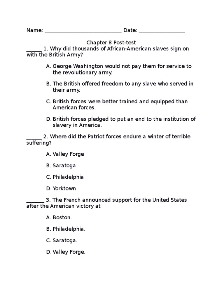chapter 8 test | American Revolution | Colonial United States (British)
