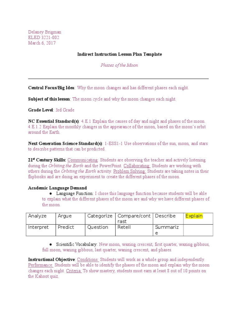 Indirect Instruction Lesson Plan Template: Phases of The Moon | PDF ...