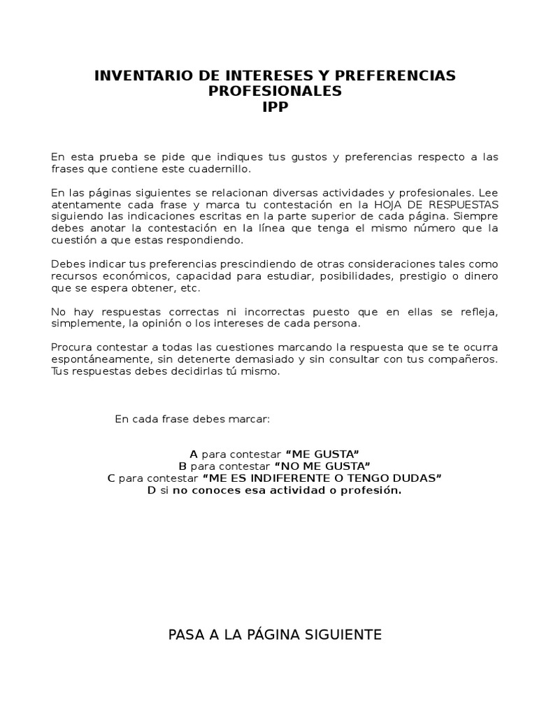 IPP - Inventario de Intereses y Preferencias Profesionales. Cuadernillo de Preguntas | PDF ...