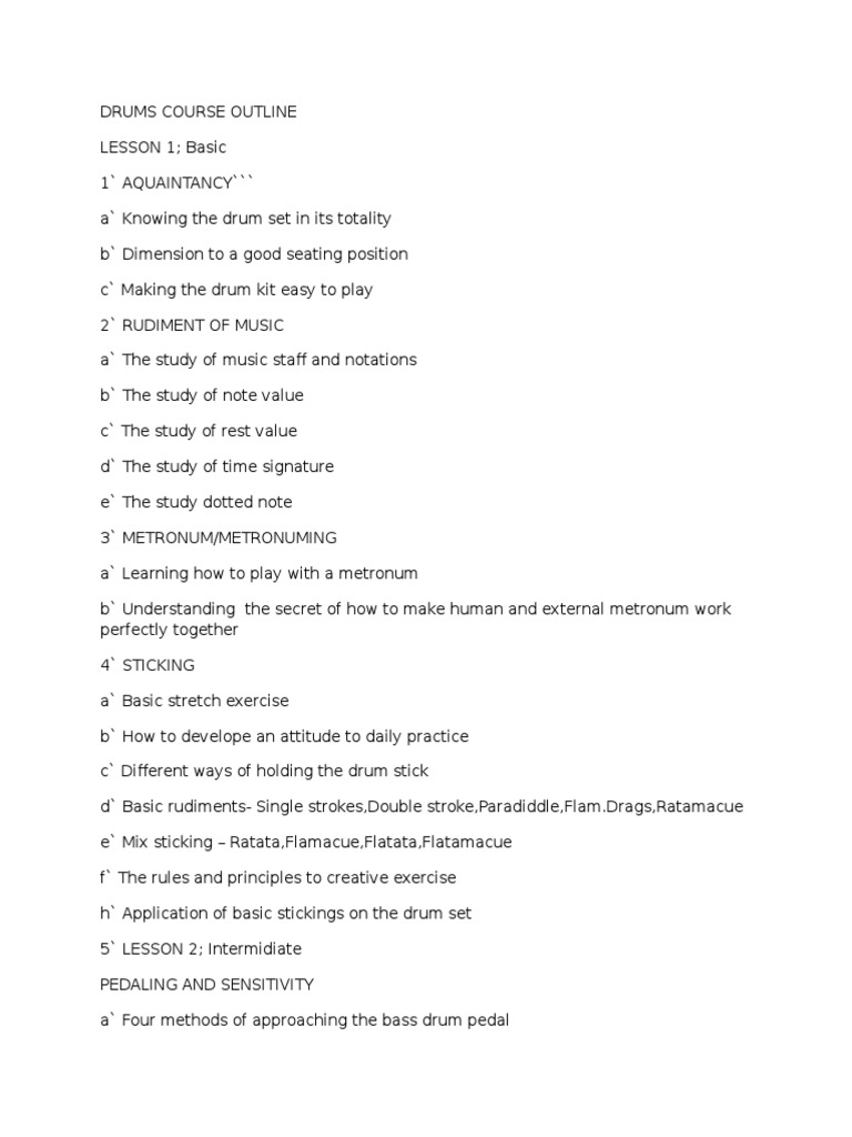 Drum Course Outline for Beginners | PDF | Drum Kit | Rhythm And Meter