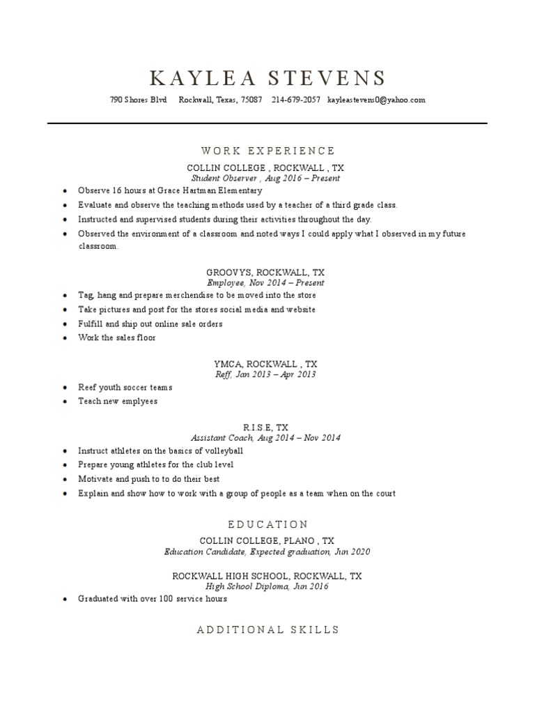 Kaylea Stevens: Work Experience | PDF
