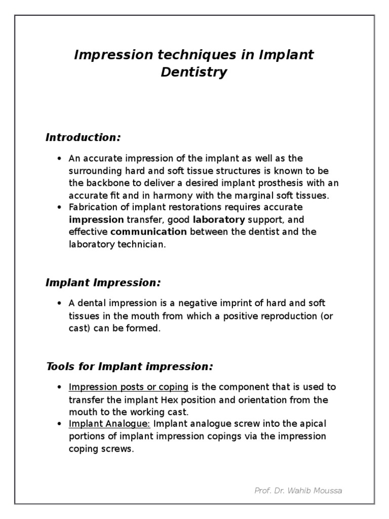 Impression Techniques in Implant Dentistry (1) (Autosaved) D | PDF ...