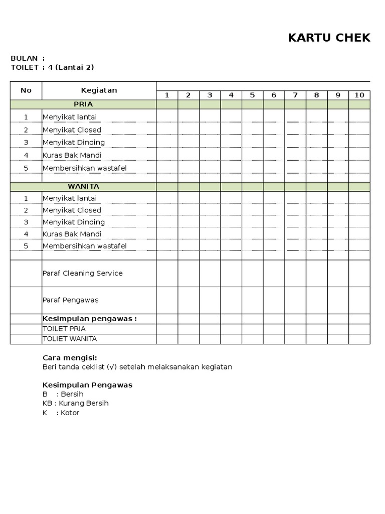 Form Kartu Cek List Kebersihan | PDF | Metode & Bahan Ajar | Griya & Taman