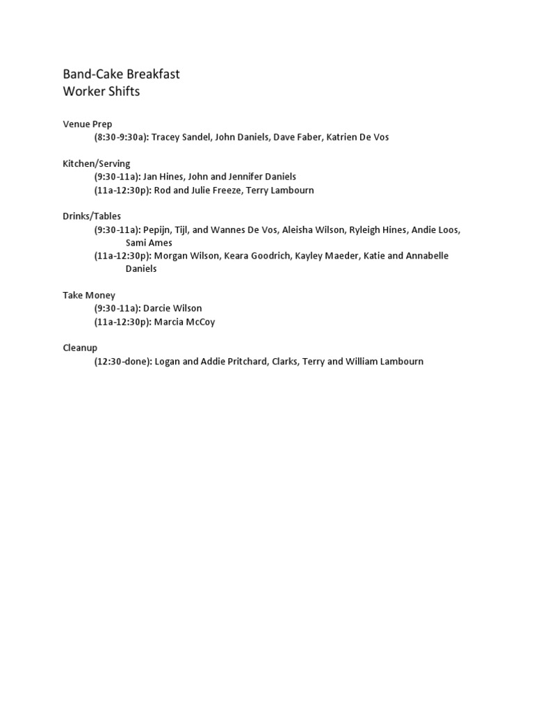 Band-Cake Breakfast Shift Schedule | PDF