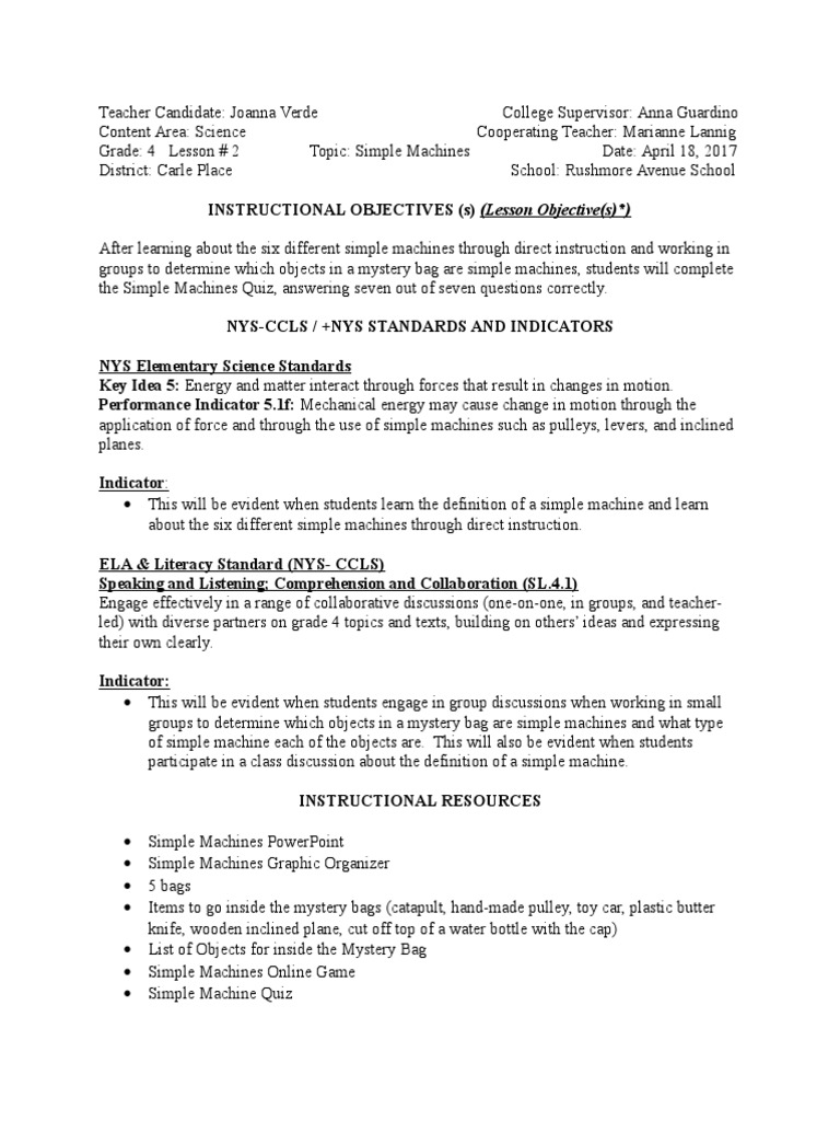 Grade 4 Science: Simple Machines Lesson | PDF | Machines | Educational ...