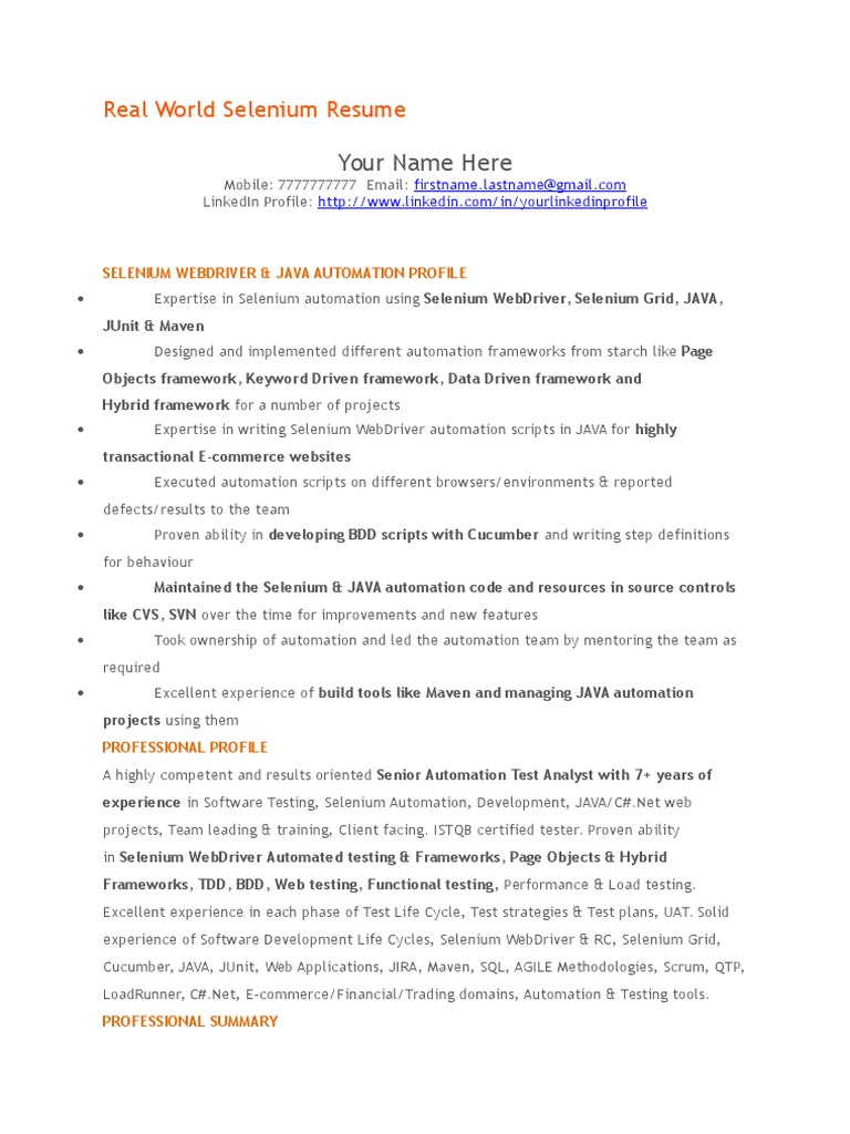 Real World Selenium Resume | PDF | Selenium (Software) | Systems ...