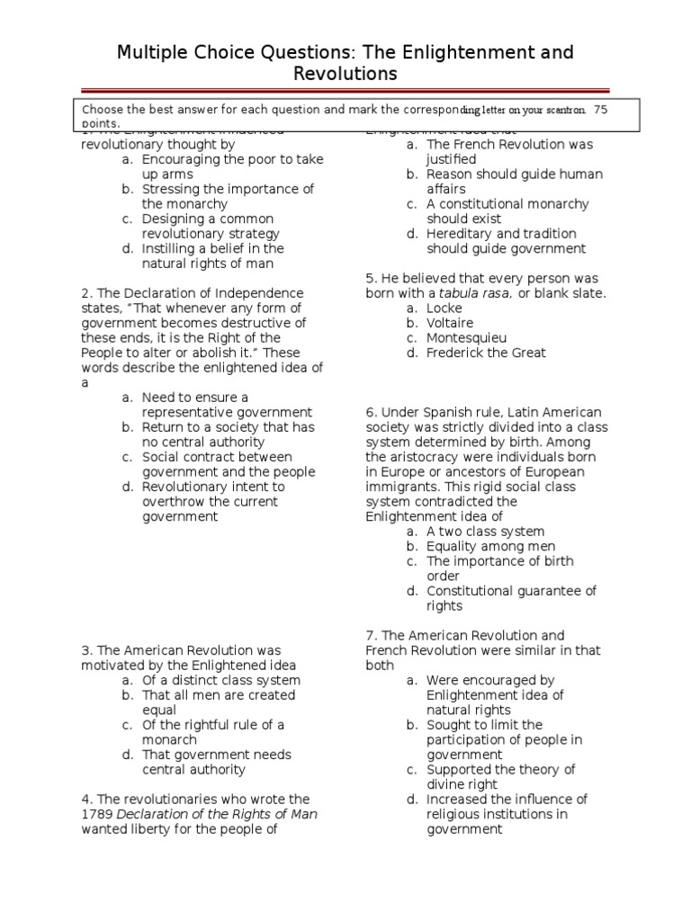 Enlightenment and Revolutionary Ideas Quiz | PDF | Age Of Enlightenment ...