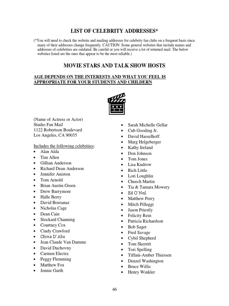 Celebrity Addresses List PDF | PDF | Hollywood | American Actors