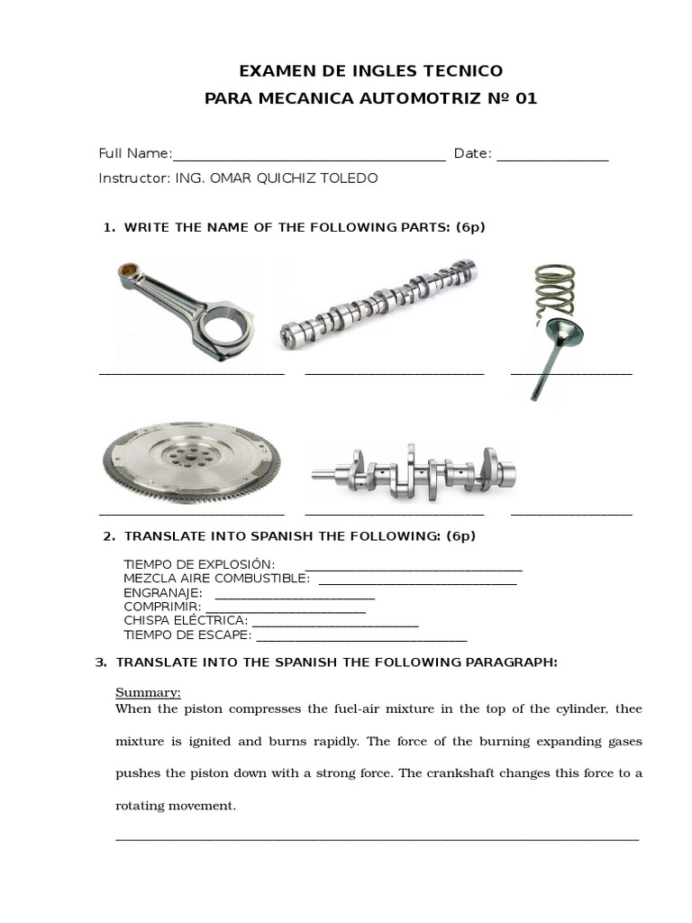 Examen de Mecanica Automotriz | PDF | Piston | Engine Technology