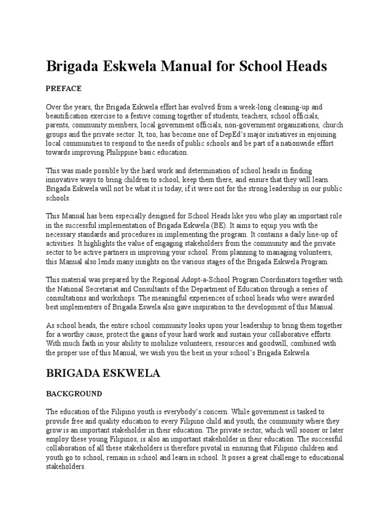 Brigada Eskwela Manual For School Heads Pdf Volunteering Behavior