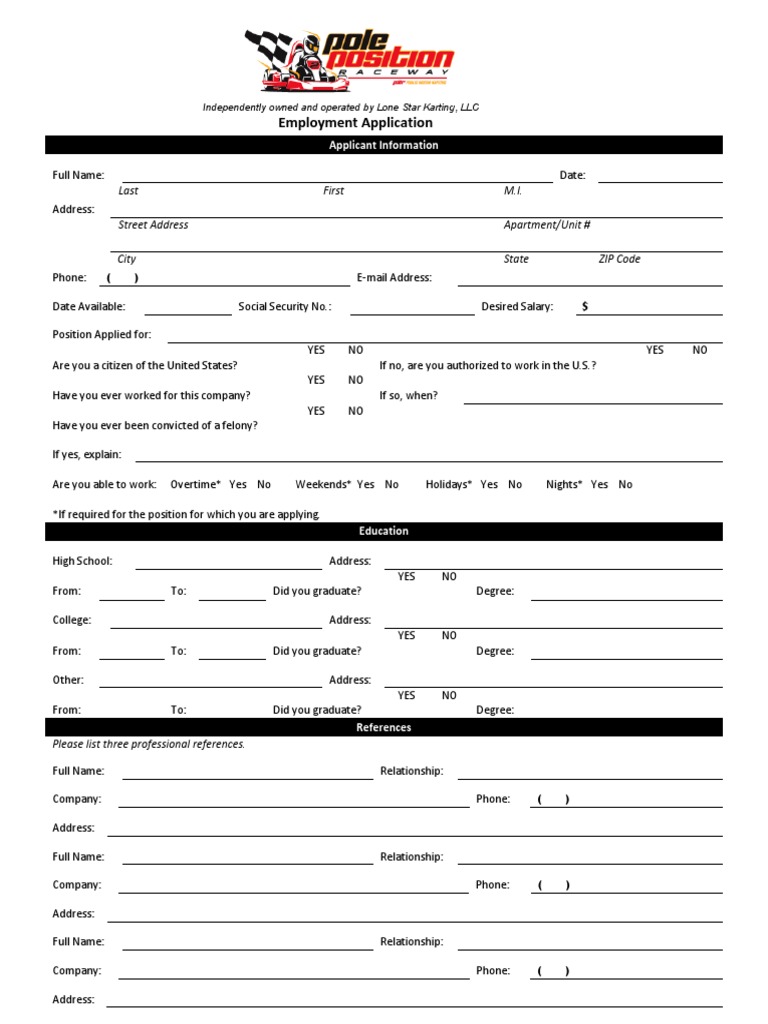 Pottee Position Raceway Frisco Job Application | PDF | Military ...