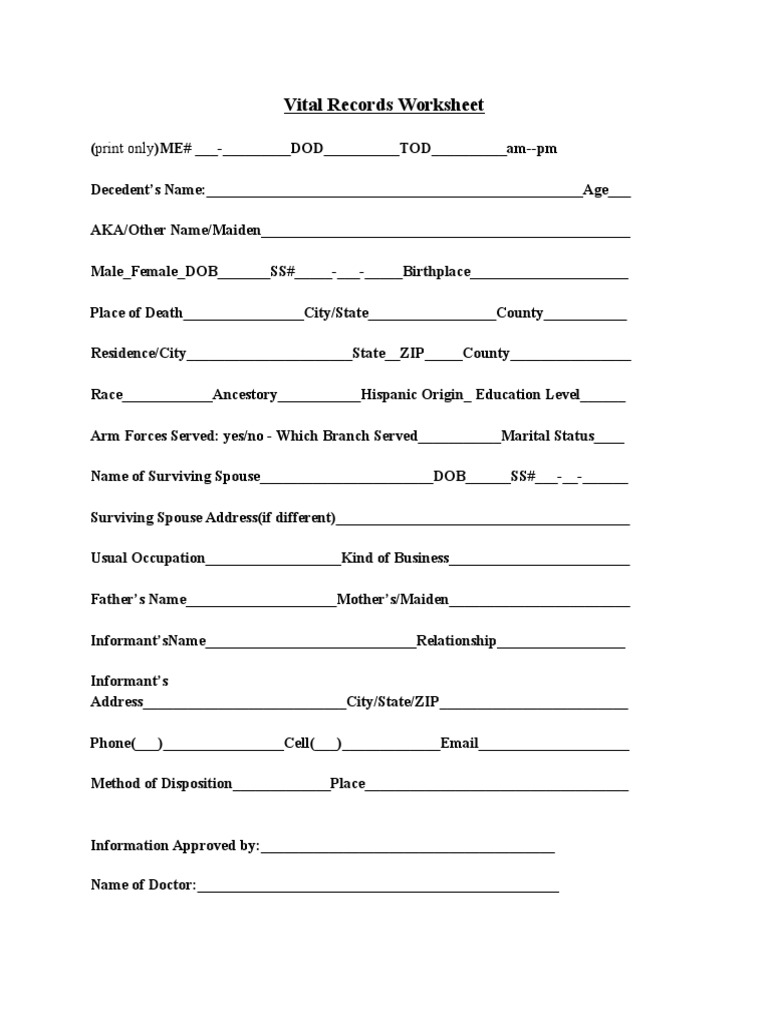 Vital Records Information Worksheet | PDF