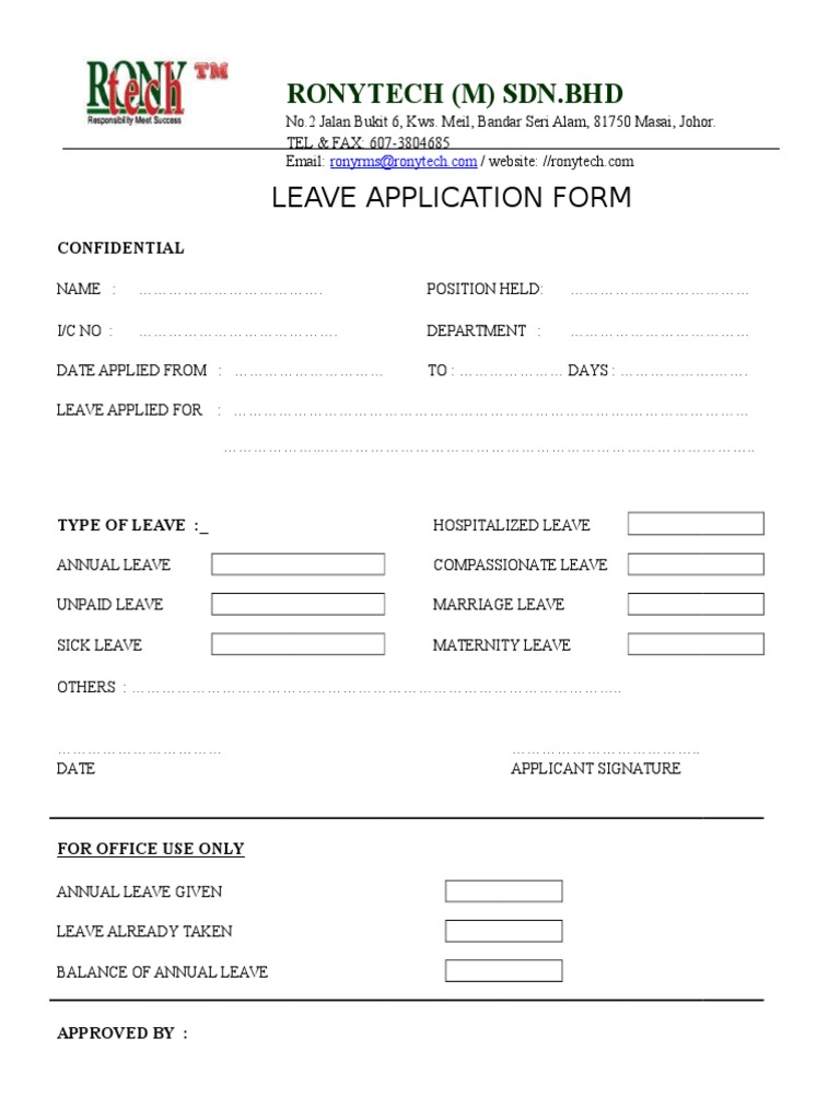 Leave Application Form: Ronytech (M) SDN - BHD | PDF