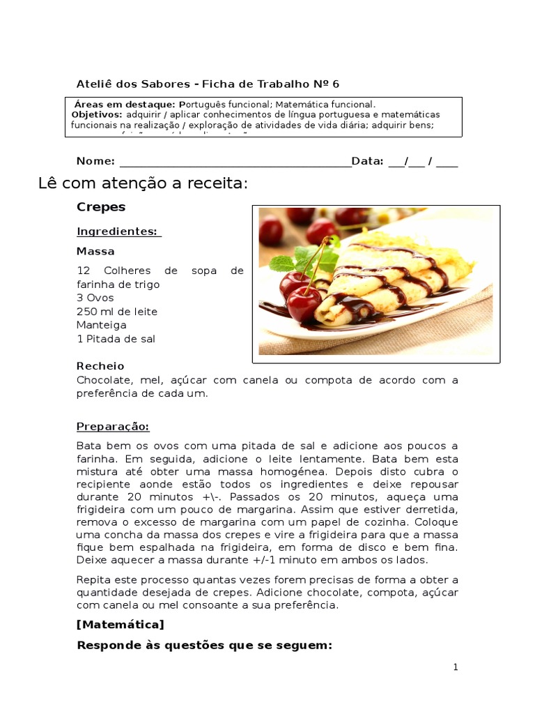 Ficha de atividades práticas sobre receita de crepes e propriedades do mel | PDF | Mel | Massa
