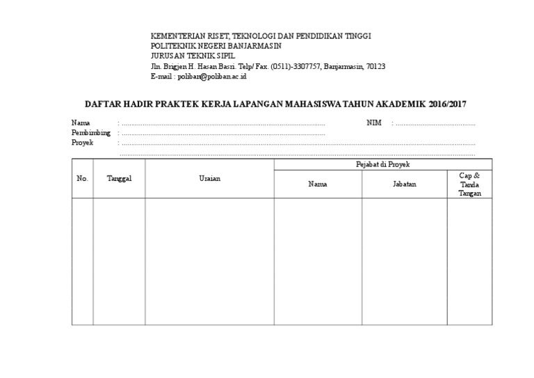 Contoh Absen PKL Teknik Sipil Poliban | PDF