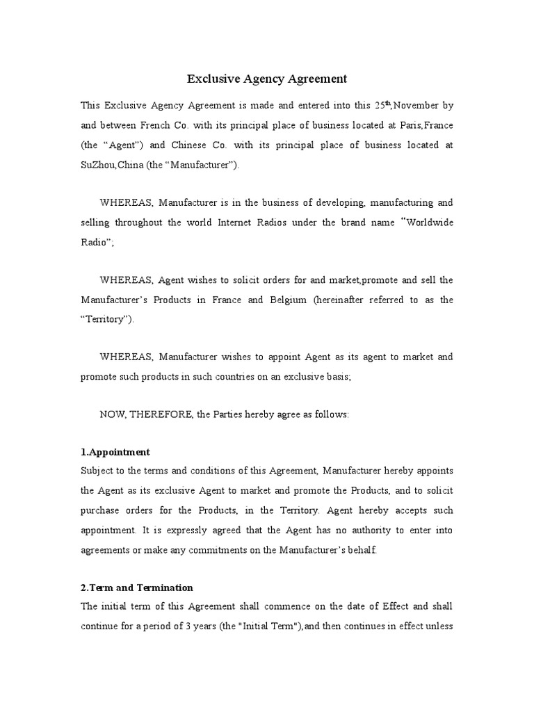 Exclusive Agency Agreement: 1.appointment | PDF | Law Of Agency ...