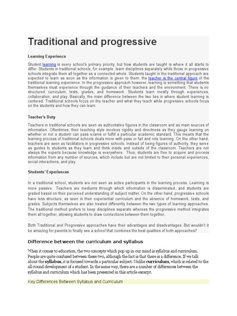 Traditional and Progressive | PDF | Curriculum | Teachers