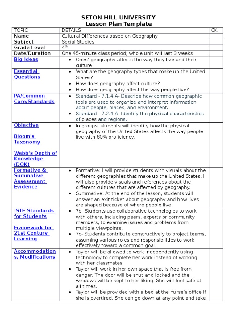 Seton Hill University Lesson Plan Template: Name Subject Grade Level ...