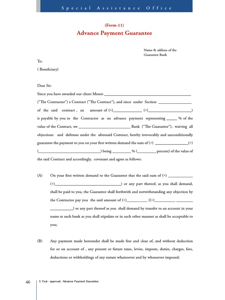 Advance Payment Guarantee Form Providing an Unconditional and ...