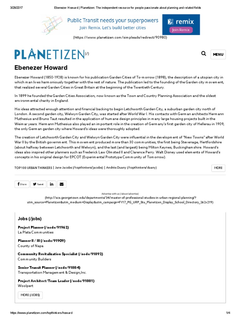 Ebenezer Howard | PDF | Urbanization | Urban Planning