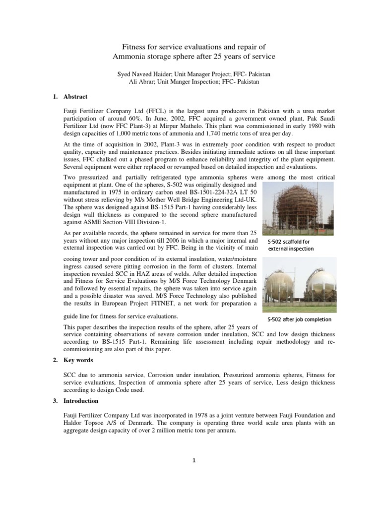 Fitness For Service Evaluations and Repair of Ammonia Storage Sphere ...