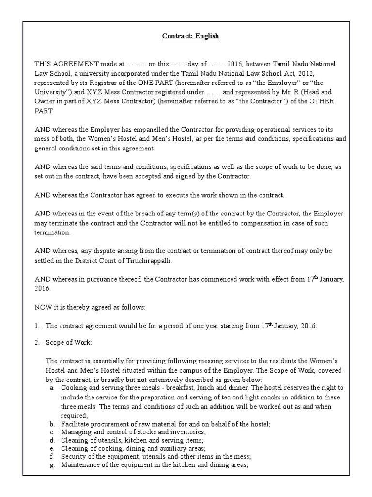 Mess Contract - English | PDF | Meal | Home Appliance