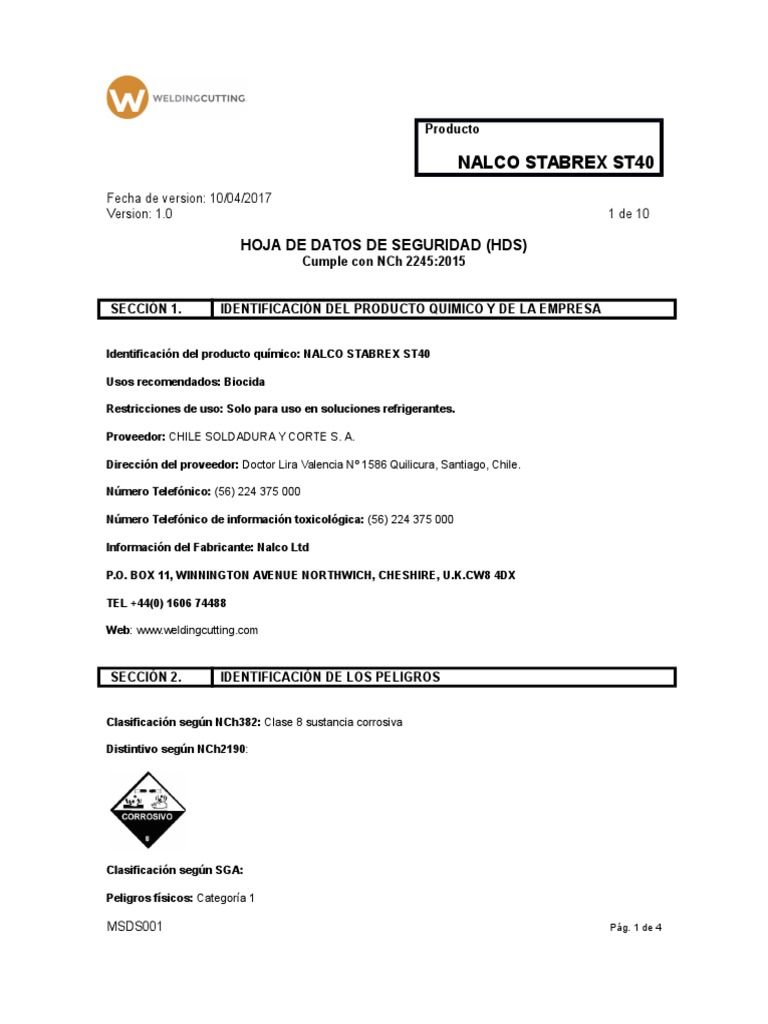 HDS Stabrex ST40 | PDF | Ácido clorhídrico | Residuos